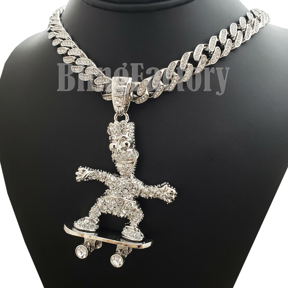 Hip Hop Simpsons Skateboard pendant & 20" Iced Cuban Choker Chain Bling ...