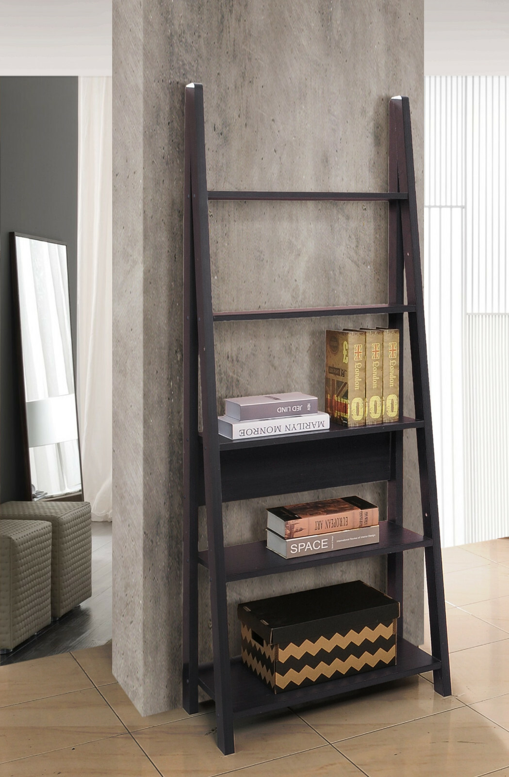 Black Step Ladder Shelving Unit 5 Tier Leaning Bookshelf Storage ...