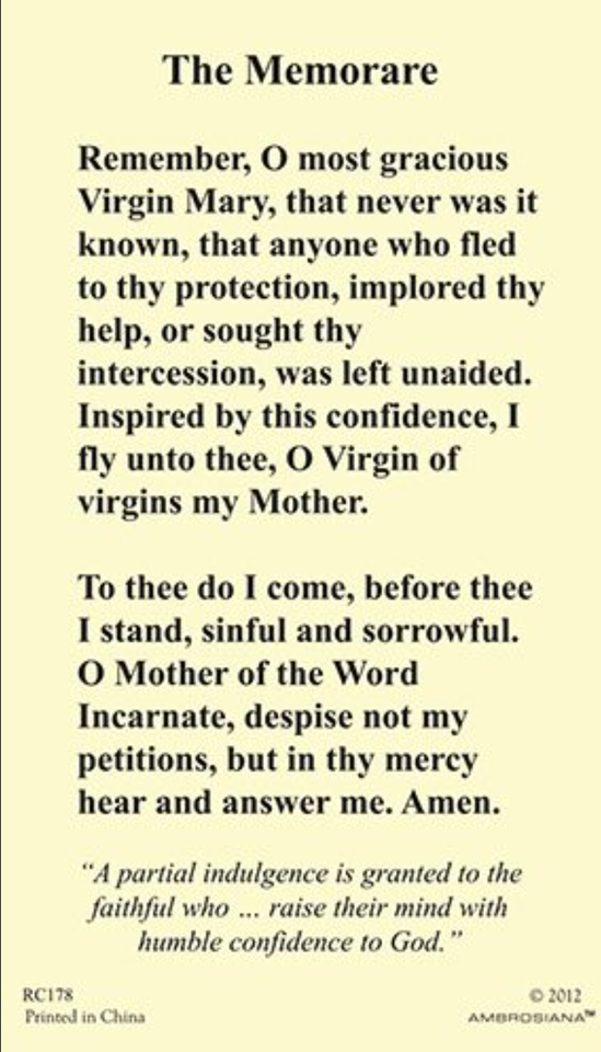 (2 copies) The Memorare Prayer Holy Card Our Lady of Grace Mary ...