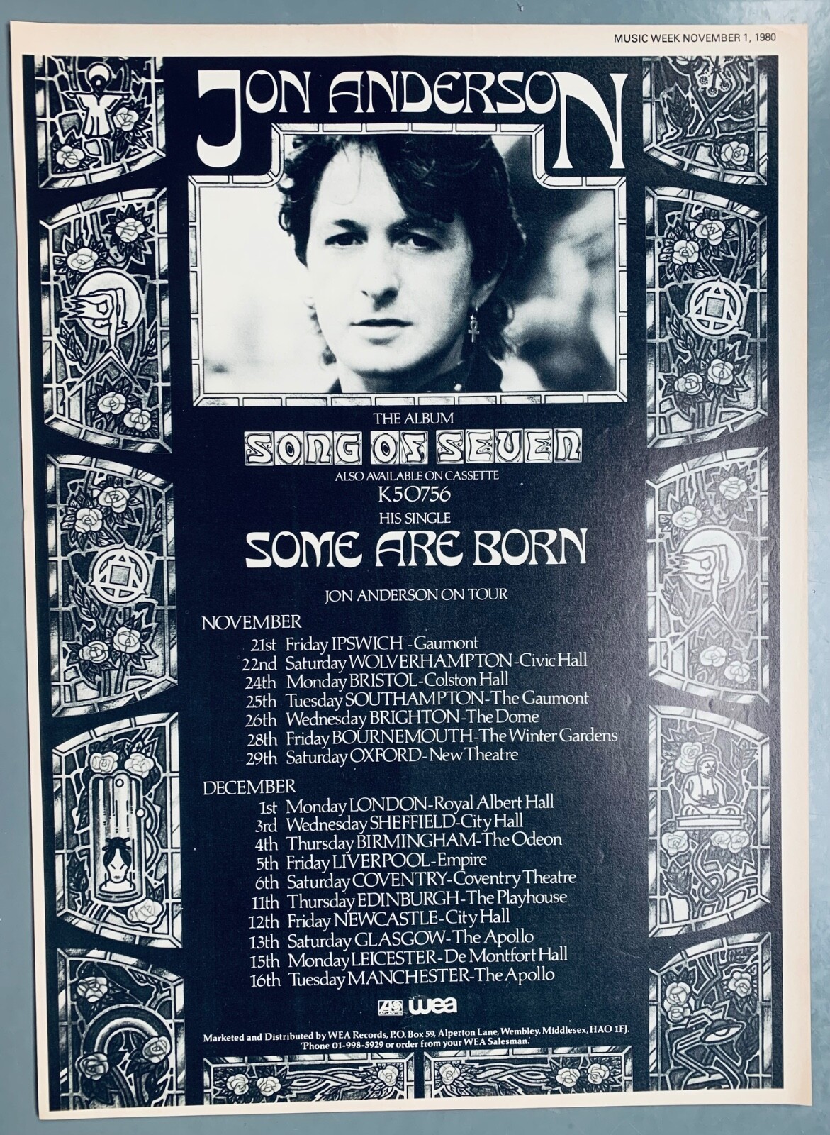 JON ANDERSON 1980 vintage POSTER ADVERT SONG OF SEVEN CONCERT TOUR Prog ...