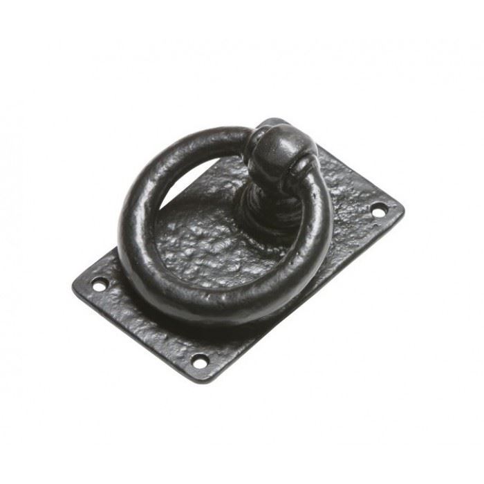 Antique Black Iron Ring Pull Handle On Rectangular Backplate | eBay UK