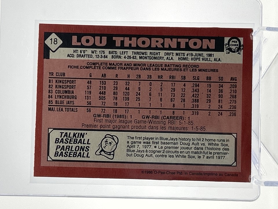 1986 O-Pee-Chee Lou Thornton Baseball Card #18 NM-MT Free Shipping | eBay