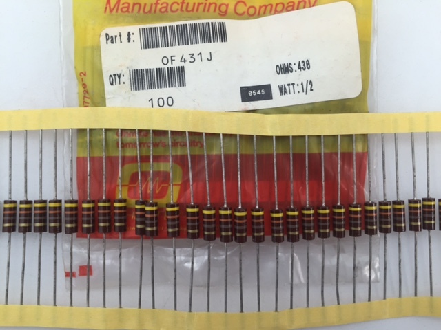 (50 pcs) OF431J Ohmite, 1/2 Watt 430 Ohm 5%, Carbon Composition ...