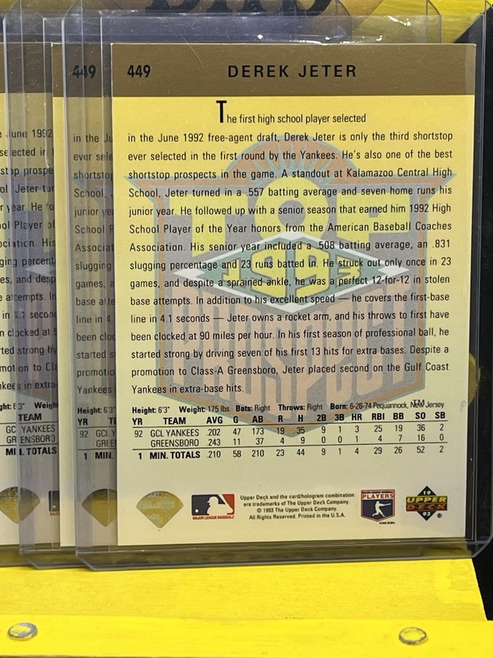 1993 Upper Deck DEREK JETER Rookie Card #449 TOP PROSPECT NEW YORK ...