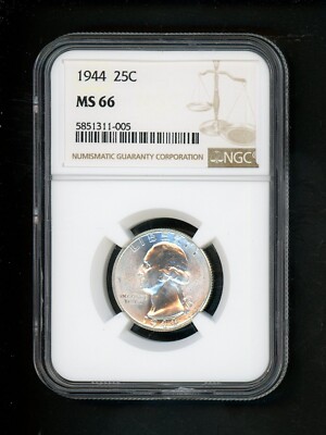 1944 US Washington Quarter 25c .25 NGC MS66 Gem UNC Choice Lt Toning ...