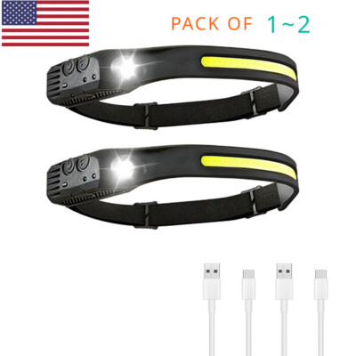 Headlamp COB LED Rechargeable Head Torch Work Light Bar Band USB Lamp ...