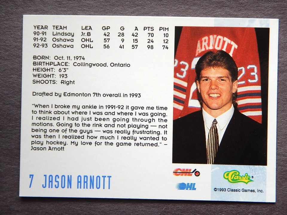 Jason Arnott #7 Classic 1993 Hockey Card (Edmonton Oilers) VG | eBay