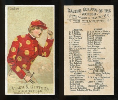 1889 N22 Allen & Ginter Racing Colors of the World "F. Gebhard" VG/EX ...
