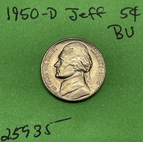 1950 D Jefferson Nickel 5 Cent Piece BU Uncirculated Mint State 5c US ...