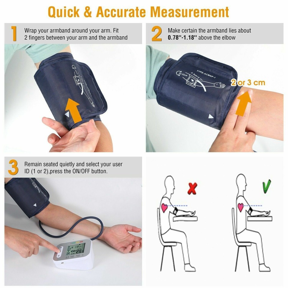 Blood Pressure Monitor Automatic Arm Digital BP Cuff Pulse Heart Rate ...