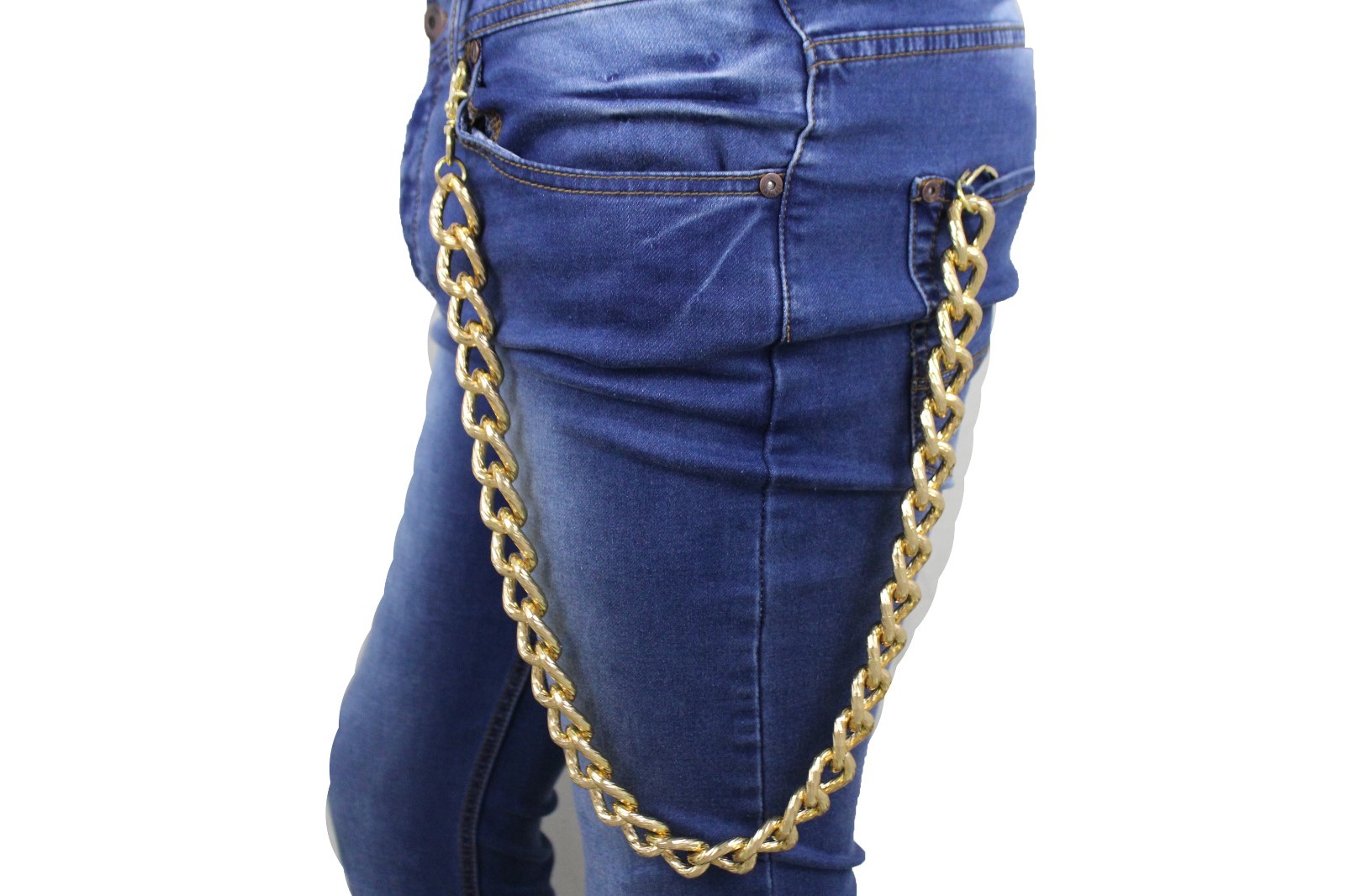 Men Gold Long Wallet Chain Metal Textured Link KeyChain Chunky Jean ...