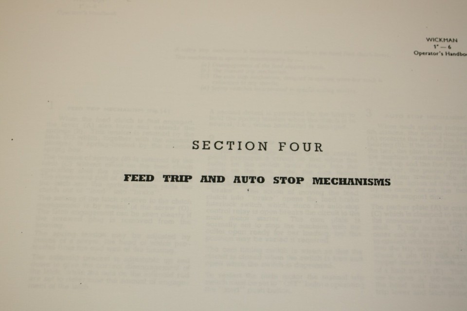 Wickman Operators Handbook for 1" (25.4mm) Six Spindle Bar Automatic ...