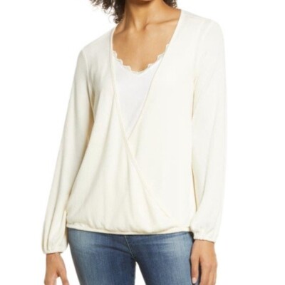 Bobeau Ivory Wrap Front Knit Top Lace Trim Layered Long Sleeve Hacci ...