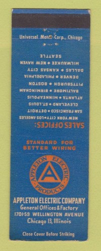 Matchbook Cover - Appleton Electric Company Chicago IL | eBay