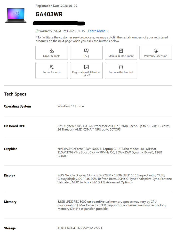 ASUS ROG Zephyrus G14 RTX 5070Ti Ryzen AI 9 32GB Ram 1TB SSD +3 Year ...