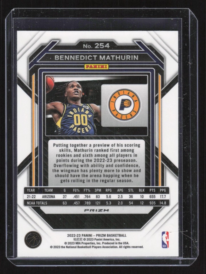 2022-23 Panini Prizm Benedict Mathurin #254 Silver Cracked Ice Rookie ...
