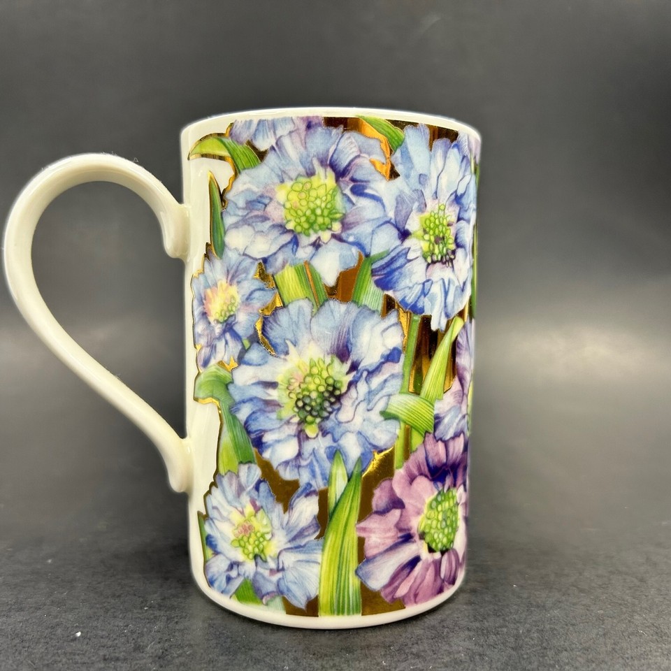 Dunoon Scotland Coffee Mug Blue Purple Scabosia Flowers Gold Foil ...