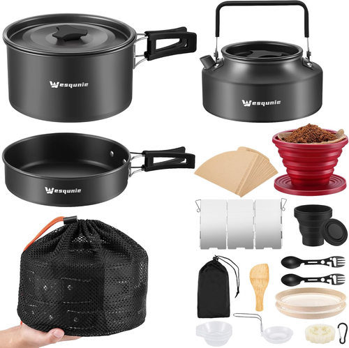 Camping Cooking Cookware Mess Kit - Non-Stick Lightweight Pot Pan ...