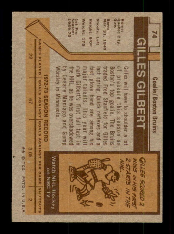1973-74 Topps #74 Gilles Gilbert EX+ RC Rookie Bruins 545738 | eBay