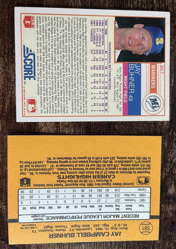 Jay Buhner 2 Card Rookie Lot 1988 Score Rookie & Traded + 1988 Donruss ...