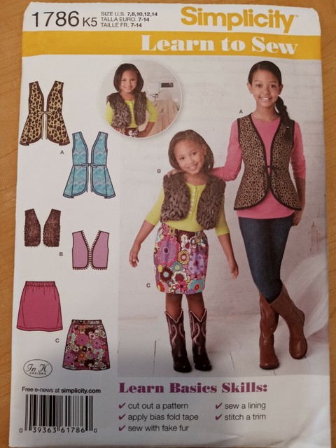 Simplicity 1722 Learn to Sew Pattern Vests 2 Styles & Skirt Girls 7-14 ...