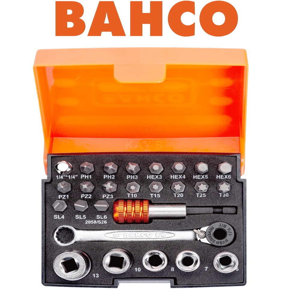 BAHCO Mini Socket Set 26 Pce 1/4" Drive Ratchet Wrench Screwdriver Bits ...