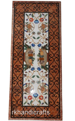 30x60 Inches Office Desk Table Gemstone Inlay Work White Marble Dining ...