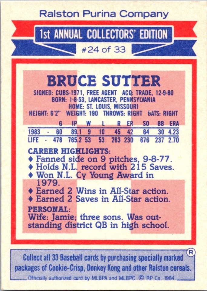 1984 Ralston Purina #24 Bruce Sutter | eBay