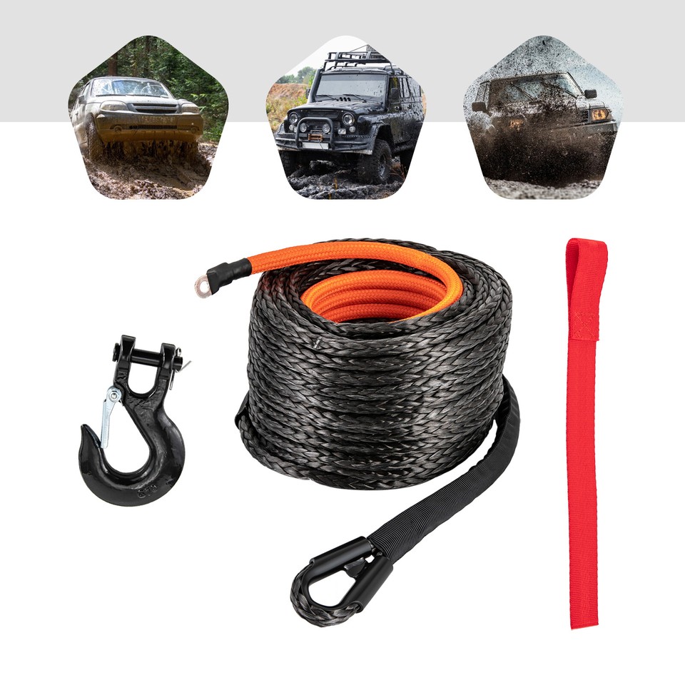 3/8" x 28m Winch Rope Synthetic Line Recovery Cable Black with Hook 4WD ...