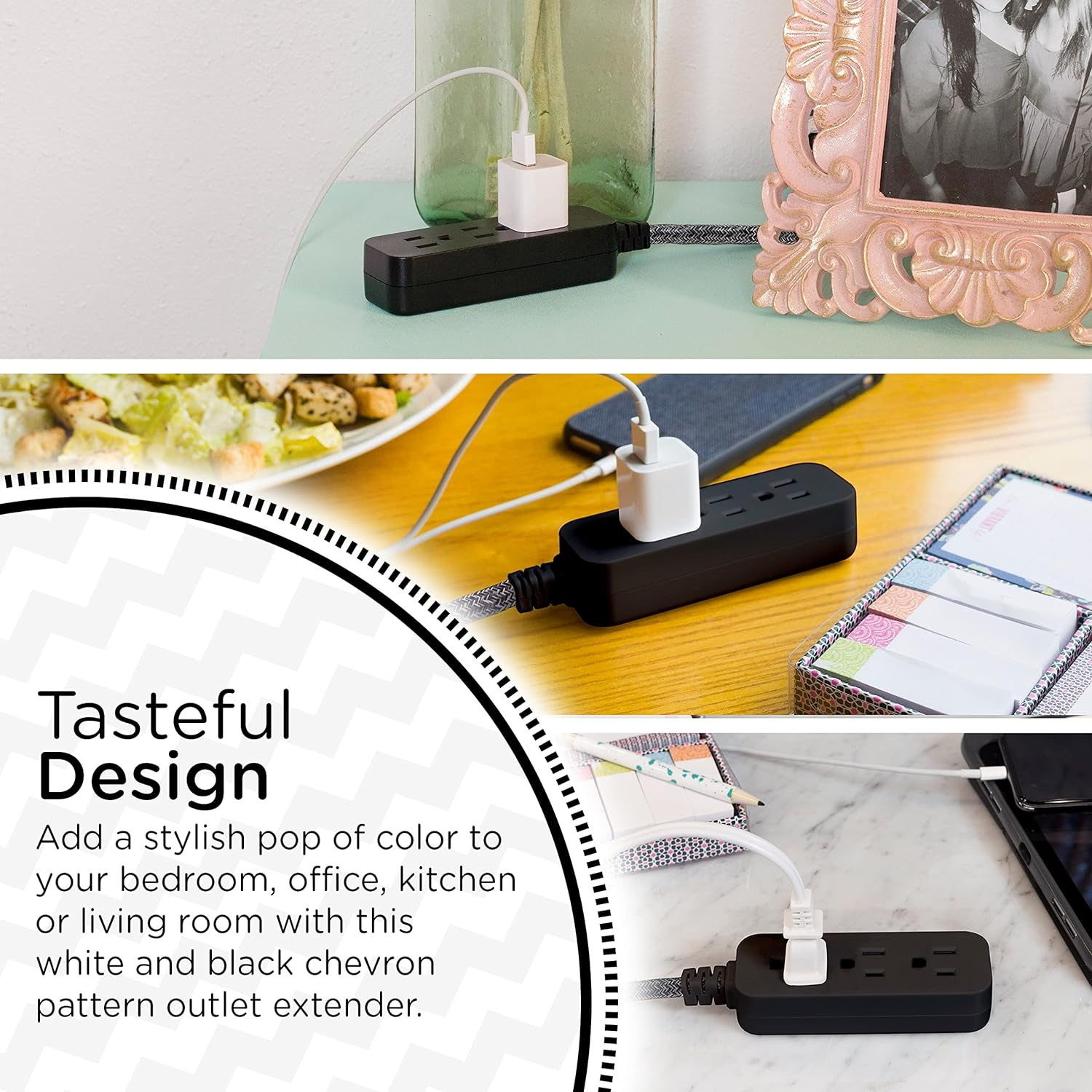 3-Outlet Power Strip, 18In Braided Extension Cord, Grounded Adapter ...