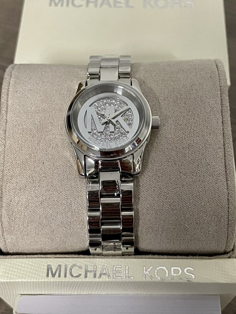 Michael Kors Petite Runway Silver Pave Dial Stainless Steel Ladies ...