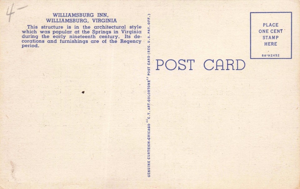 Postcard VA Williamsburg Inn Hotel Colonial Regency Period Curteich ...