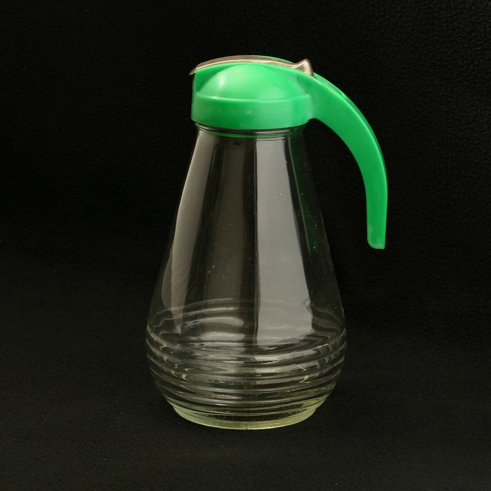 9" Syrup Dispenser Pitcher Clear Ribbed Bottom - Green Handle w/ Drip ...
