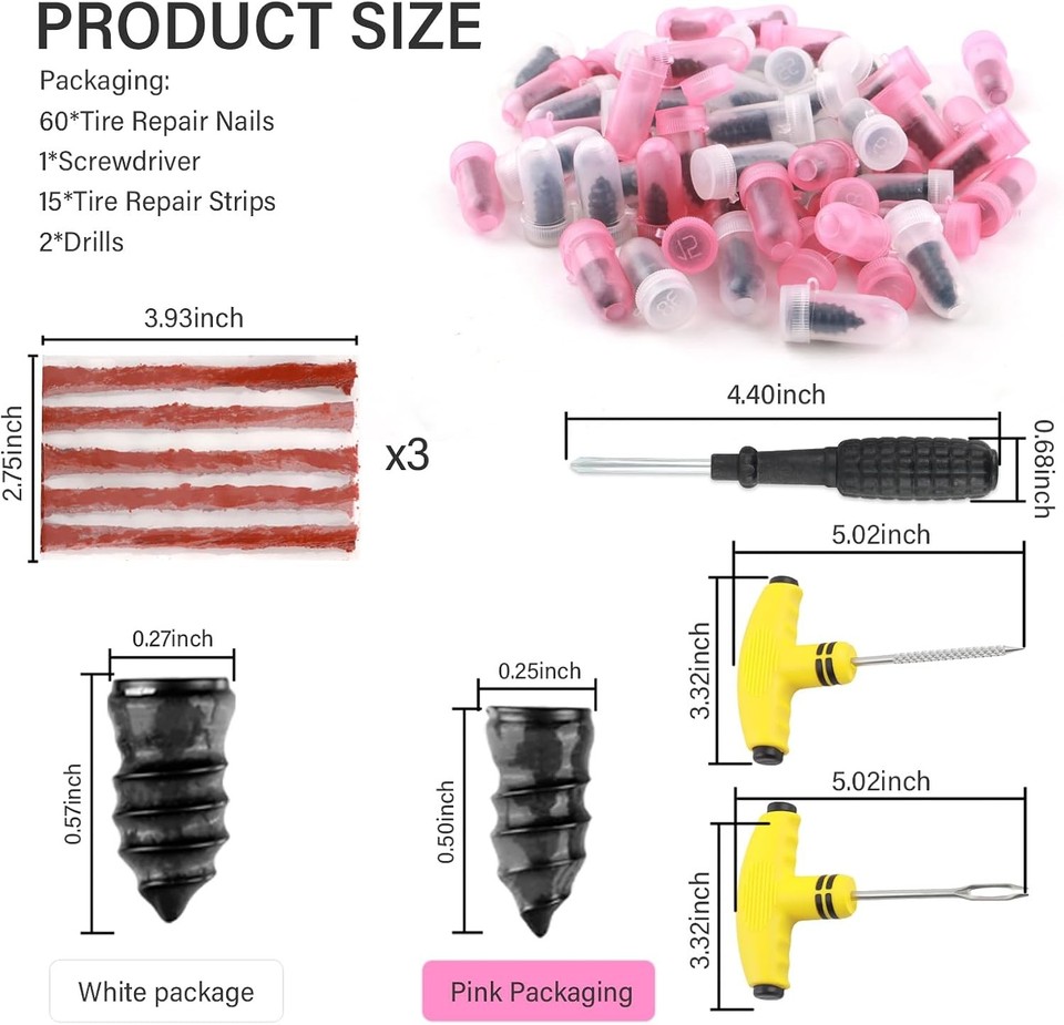 15PCS Tire Plug Kit Seal Strip + 60PCS Screw in Tire Plugs,All-In-One ...