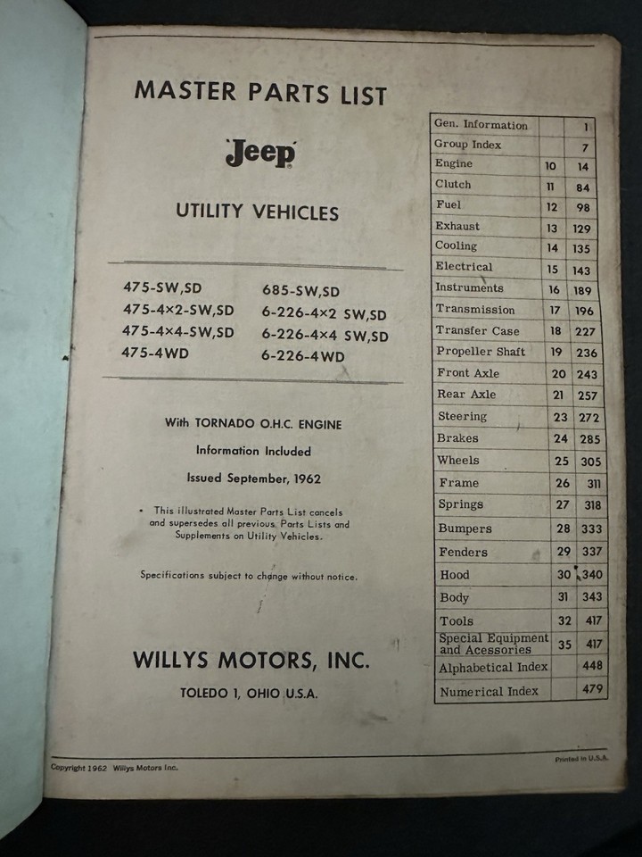 ORIGINAL 1962 & Prior Willys Jeep Utility Master Parts Catalog Book | eBay