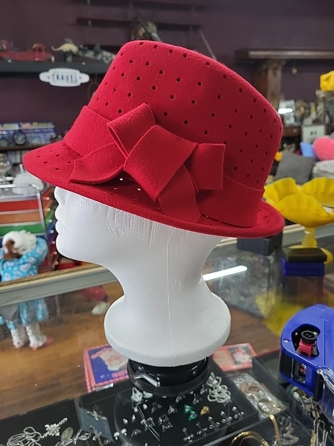 Red Perforated Fedora With Bow - Gem