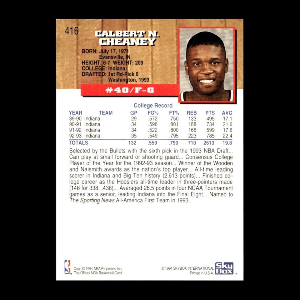 Calbert Cheaney 1993-94 Hoops Rookie Washington Bullets #416 R328E 47 ...