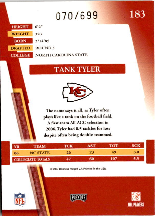 2007 Playoff Absolute Memorabilia #183 Tank Tyler #/699 | eBay
