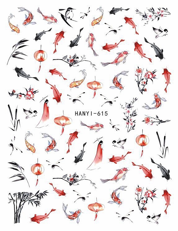Koi Fish Nail Stickers Lantern Dragonfly Flower Bird Bamboo Nail Decal ...