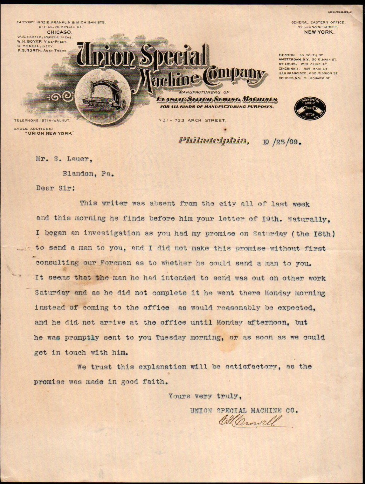 1909 Philadelphia - Union Special Machine Co - Sewing Machines - Letter ...