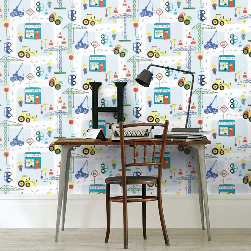 Kids Builder Wallpaper Trucks Diggers Crane Cars Road Works Children's ...