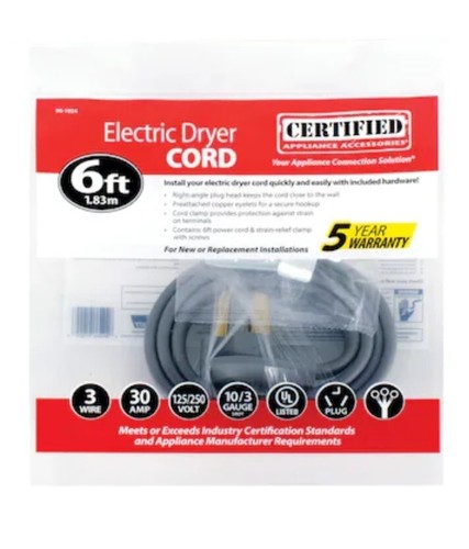 Certified Appliance Model 90-1024 6 ft 30 Amp 3 Wire Electric Dryer ...