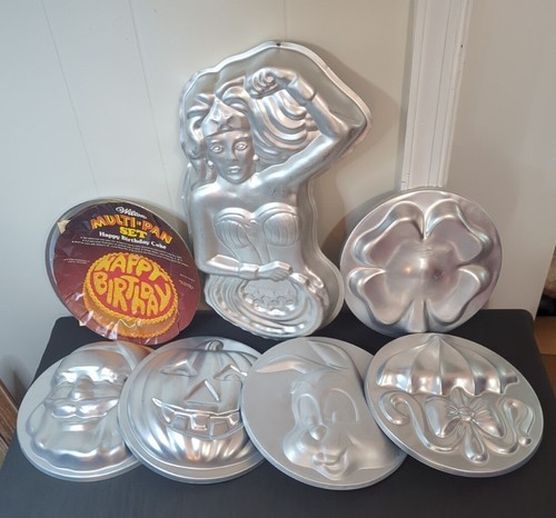 (7) WILTON Cake Pan & Inserts Wonder Woman Santa Easter Bunny Shamrock ...