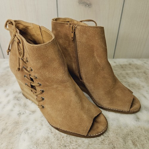 Lucky Brand Jaevin Open Peep Toe Tan Suede Wedge Booties 8.5M Side Zip ...