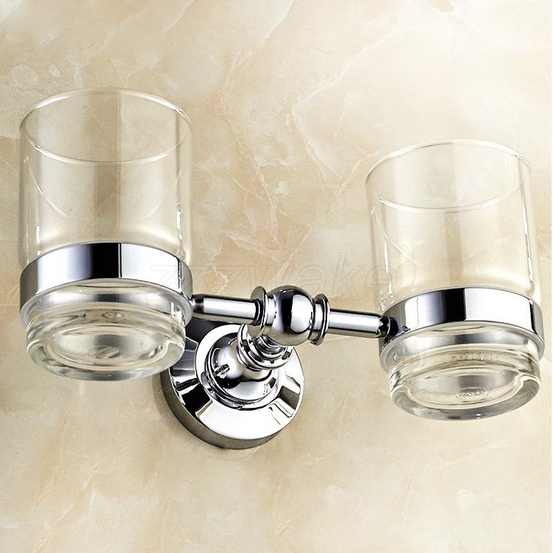 Polished Chrome Wall Mounted Bathroom Toothbrush Holder with Two Glass ...