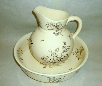 Antique Italy Catholic Baptism 11" Pitcher & 15" Ceramic Basin Birds ...