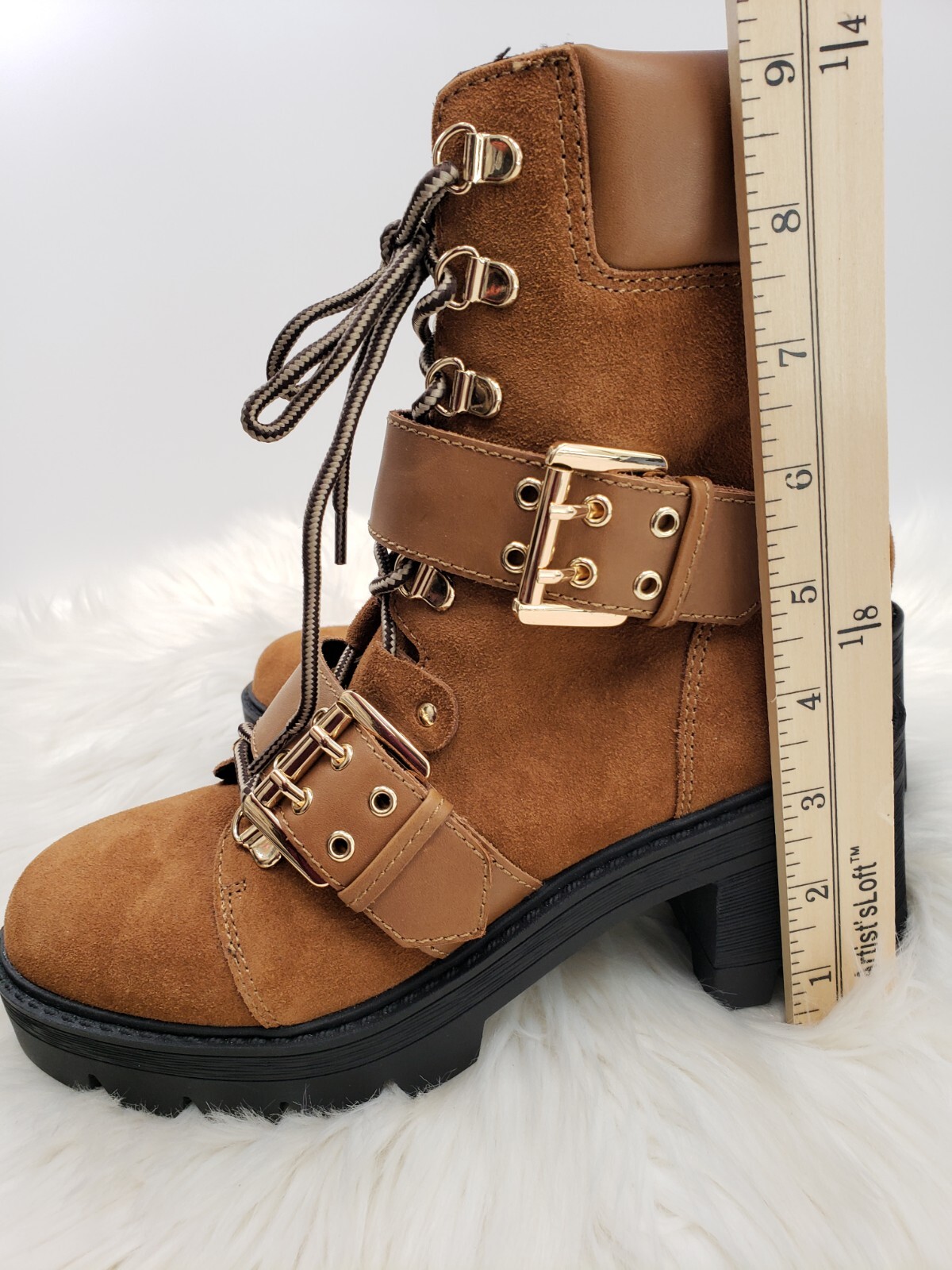 🌺AQUA Genie Buckle Hiker Leather Biker Boots Cognac … - Gem