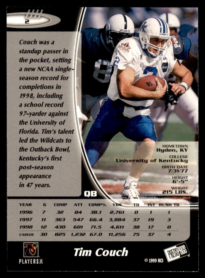1999 Press Pass Tim Couch Rookie Kentucky Wildcats #2 | eBay