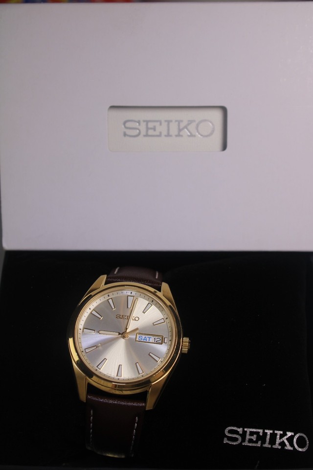 Brand New! Seiko Essentials Champagne Dial Gold Tone Leather Men's ...