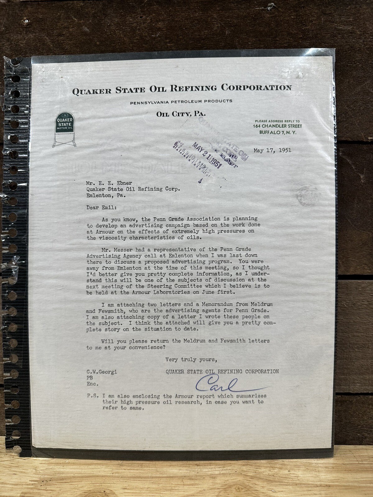 Vintage 1951 Quaker State Oil Refining Company Letter “Armour ...